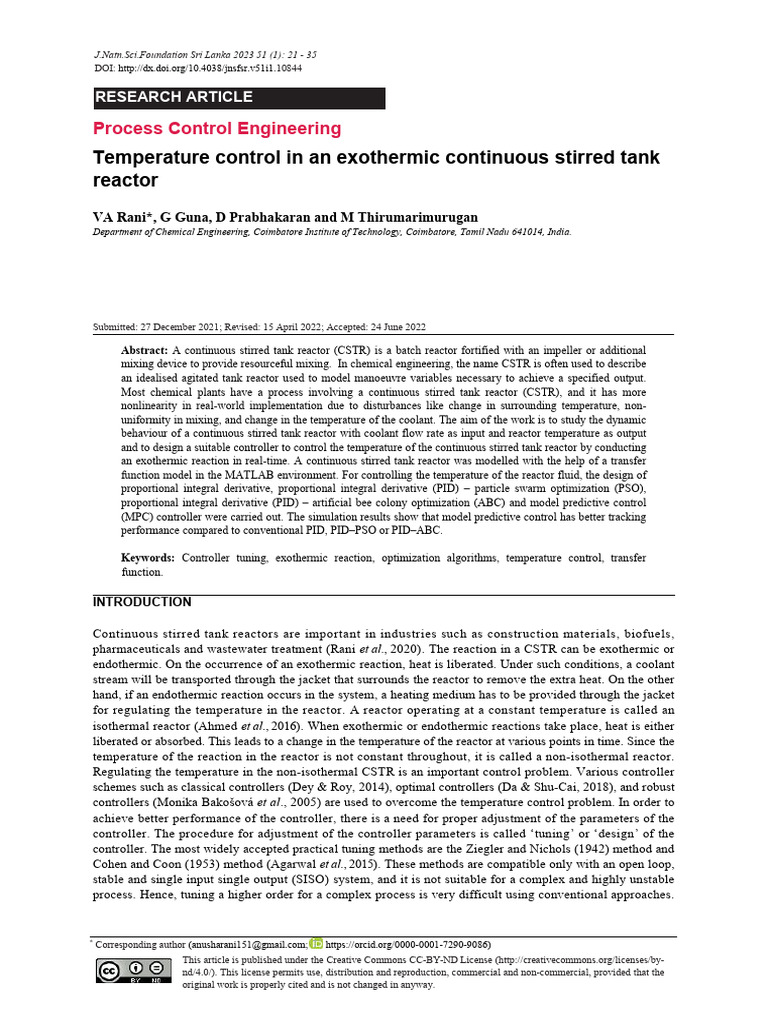 2021 Temperature control in an exothermic continuous stirredtankreactor | PDF | Chemical Reactor ...
