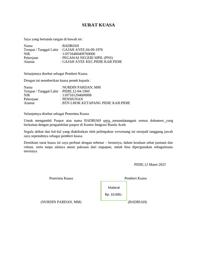 Surat Kuasa Pengambilan Paspor | PDF