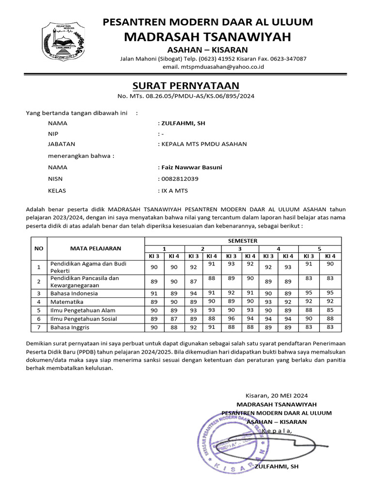 Contoh Surat - Keterangan - Nilai - Raport | PDF