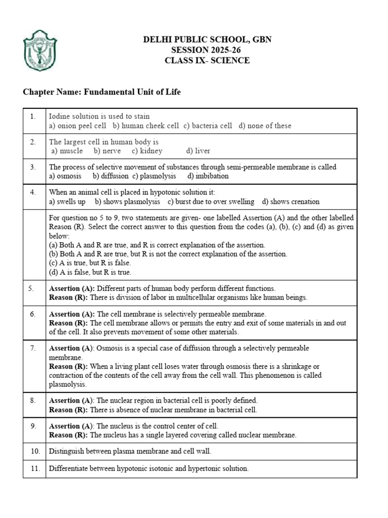 Class 9 Worksheet: Fundamental Unit of Life | PDF | Cell (Biology ...