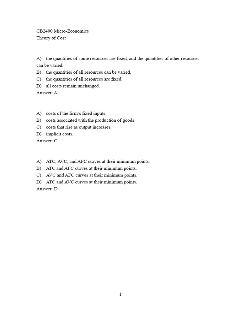 06 Theory of Cost - Answers | PDF | Marginal Cost | Average Cost