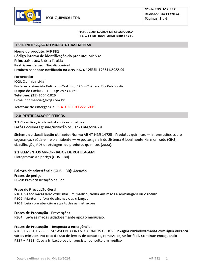 Ficha de Segurança do Sabão MP 532 | PDF | Águas residuais | Química