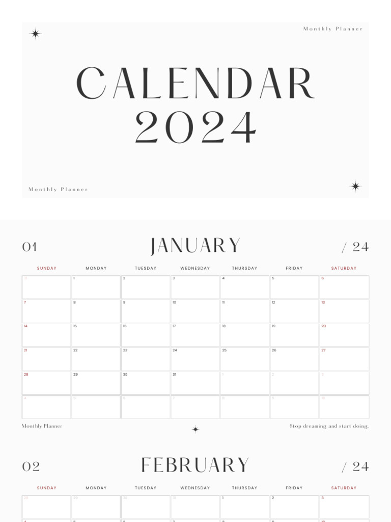 Gray and White Minimalist Clean 2024 Monthly Calendar | PDF