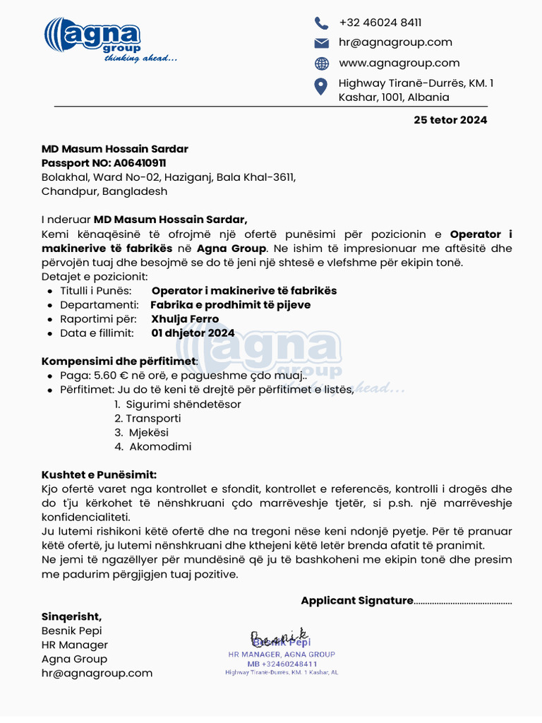 Letter Oferte Pune Albania Agna Group | PDF
