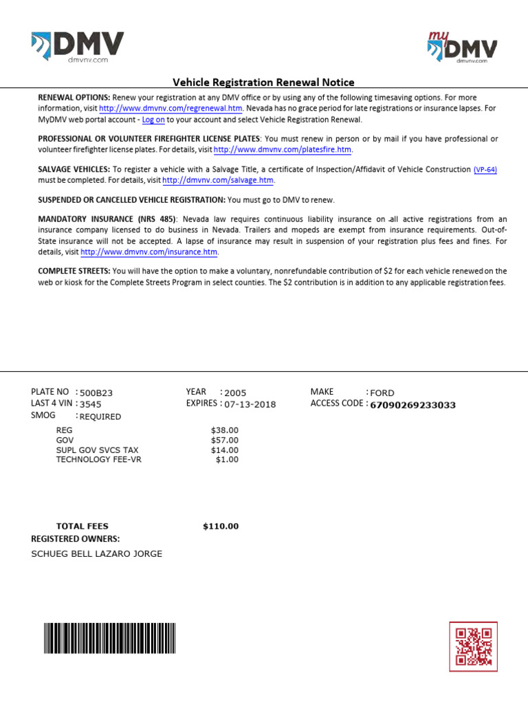 Nevada Vehicle Registration Renewal Guide | PDF