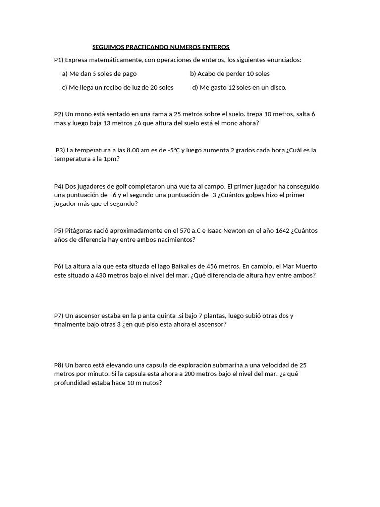 Seguimos Practicando Numeros Enteros | PDF