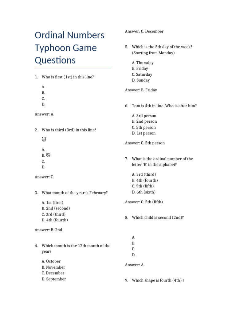 Ordinal Numbers Typhoon Questions Printable | PDF | Astronomy