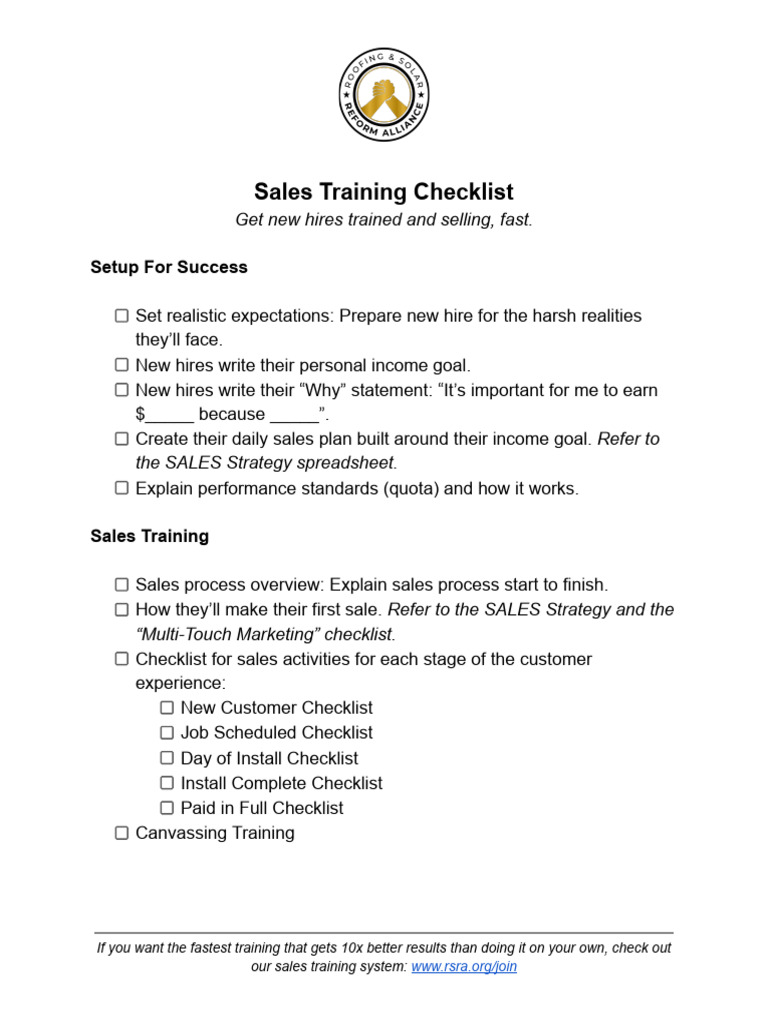 Sales Training Checklist | PDF