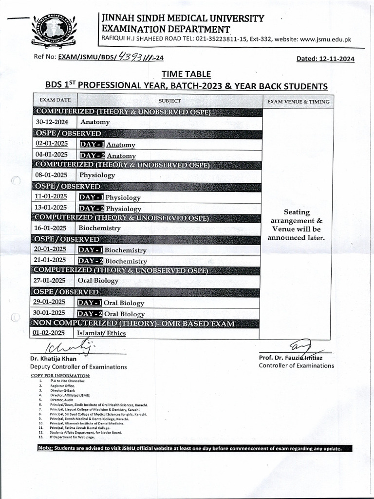 2024.11.13 Time Table Bds 1st Professional Year, Batch-2023 & Year Back Students | PDF