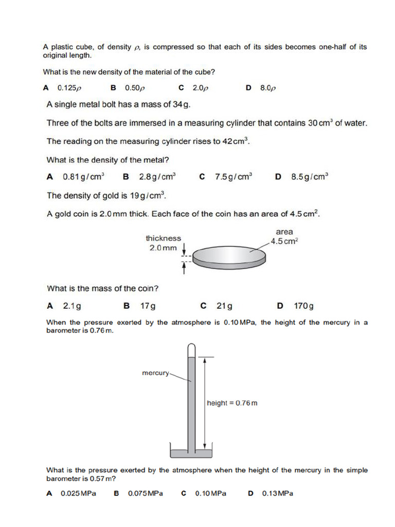 Density, Torque, Pressure (Worksheet) | PDF