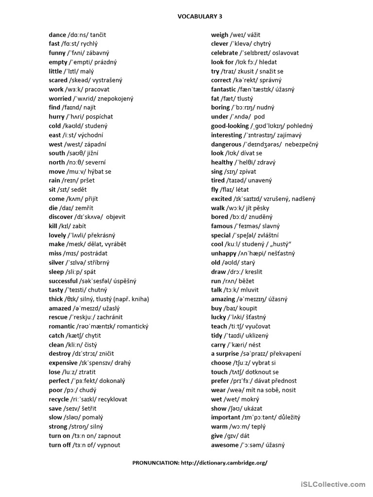 Vocabulary 3 - Vocabulary List | PDF