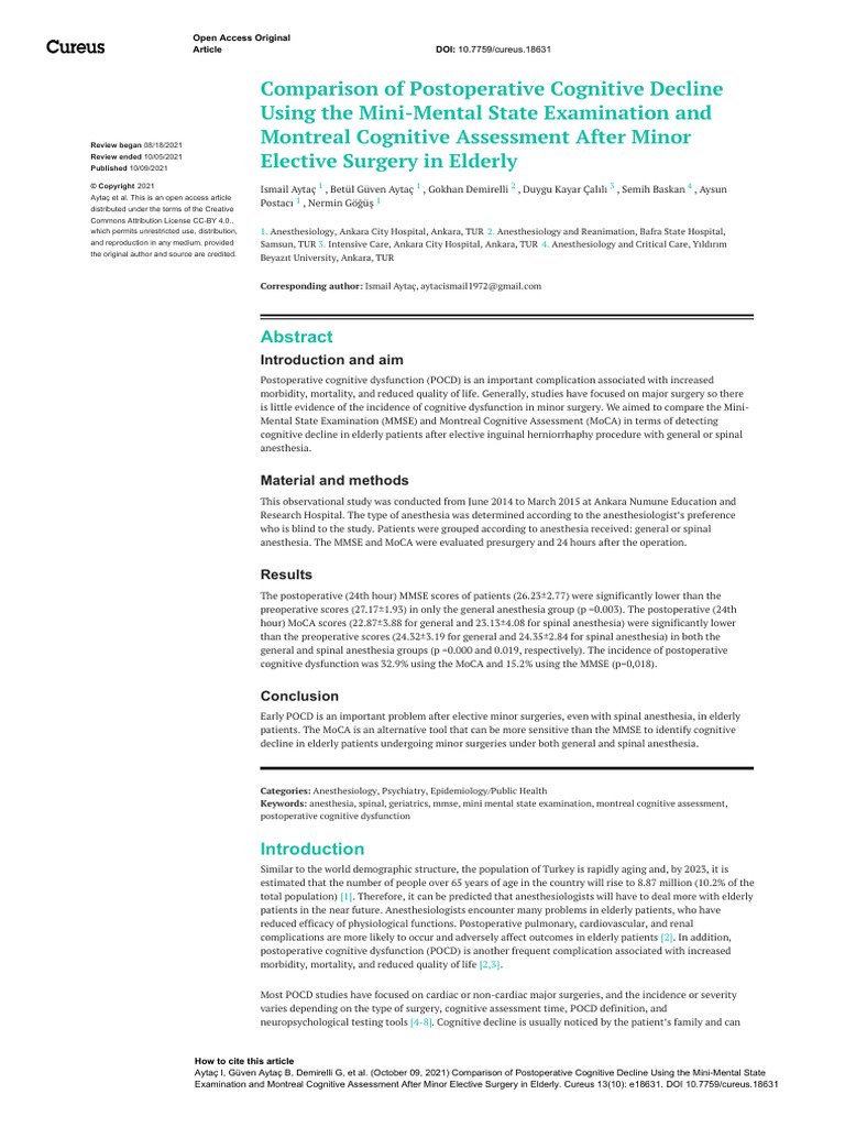 Comparison of Postoperative Cognitive Decline Usin | PDF | Anesthesia ...