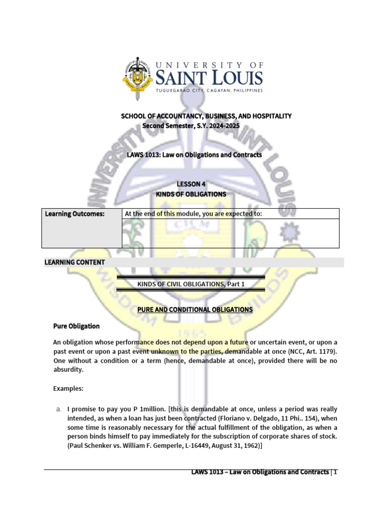 Lesson 4 - Kinds of Obligations, Part 1 | PDF | Legal Liability | Indemnity