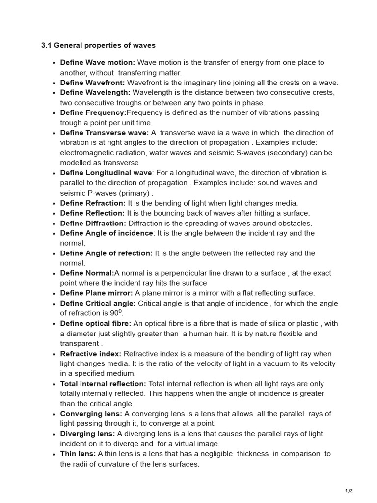 IGCSE Physics Key Definitions Waves | PDF | Waves | Light