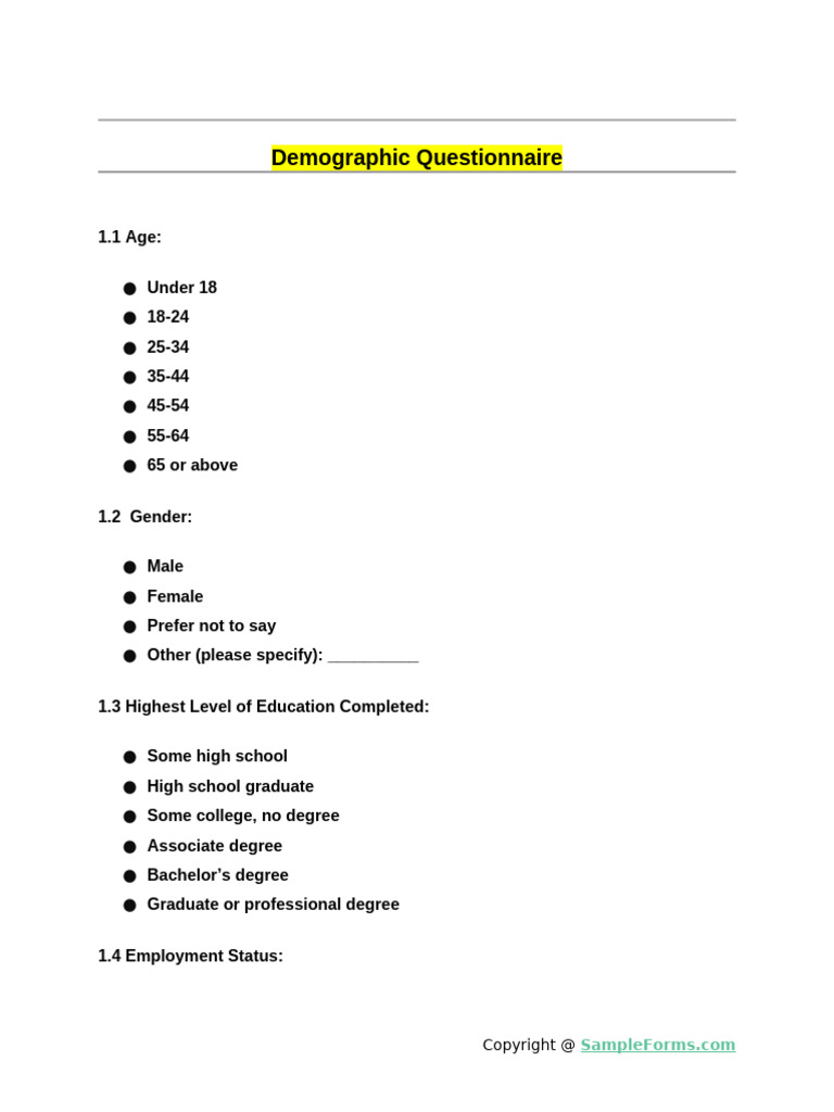 Demographic Questionnaire For Research | PDF