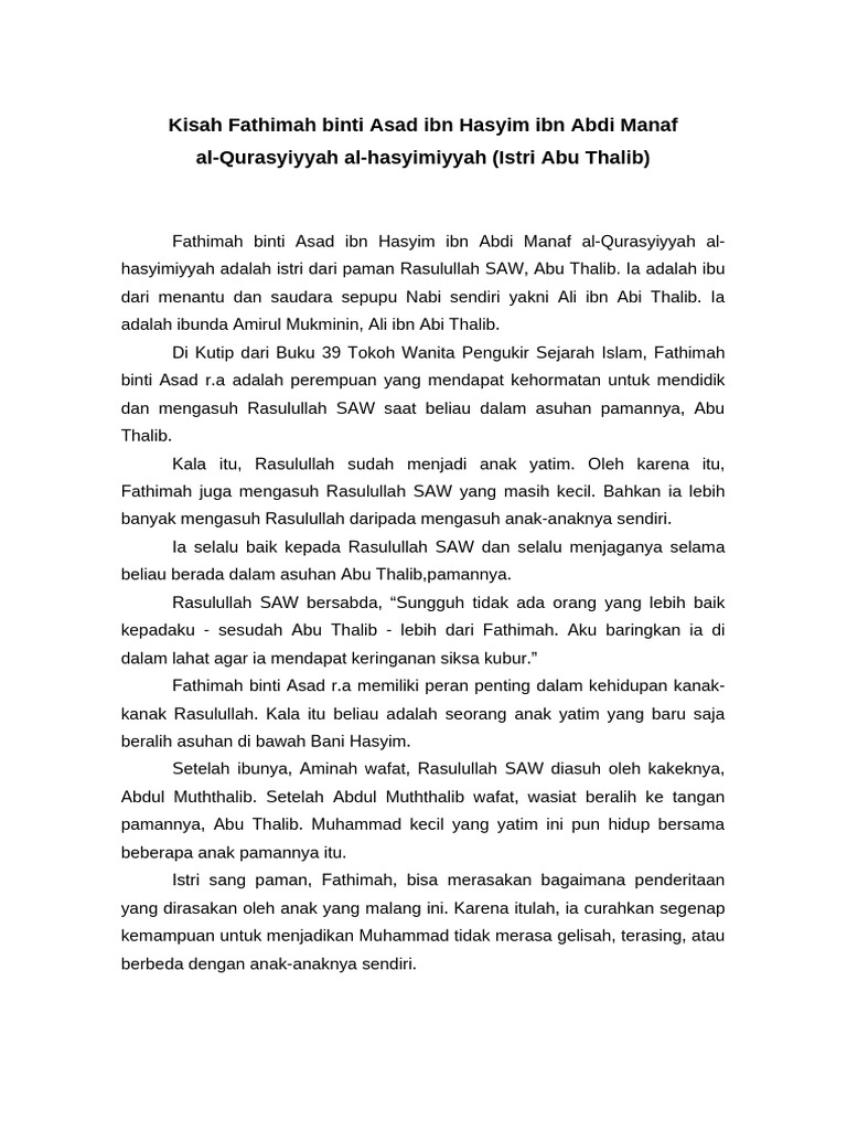 Kisah Fathimah Binti Asad Ibn Hasyim Ibn Abdi Manaf | PDF