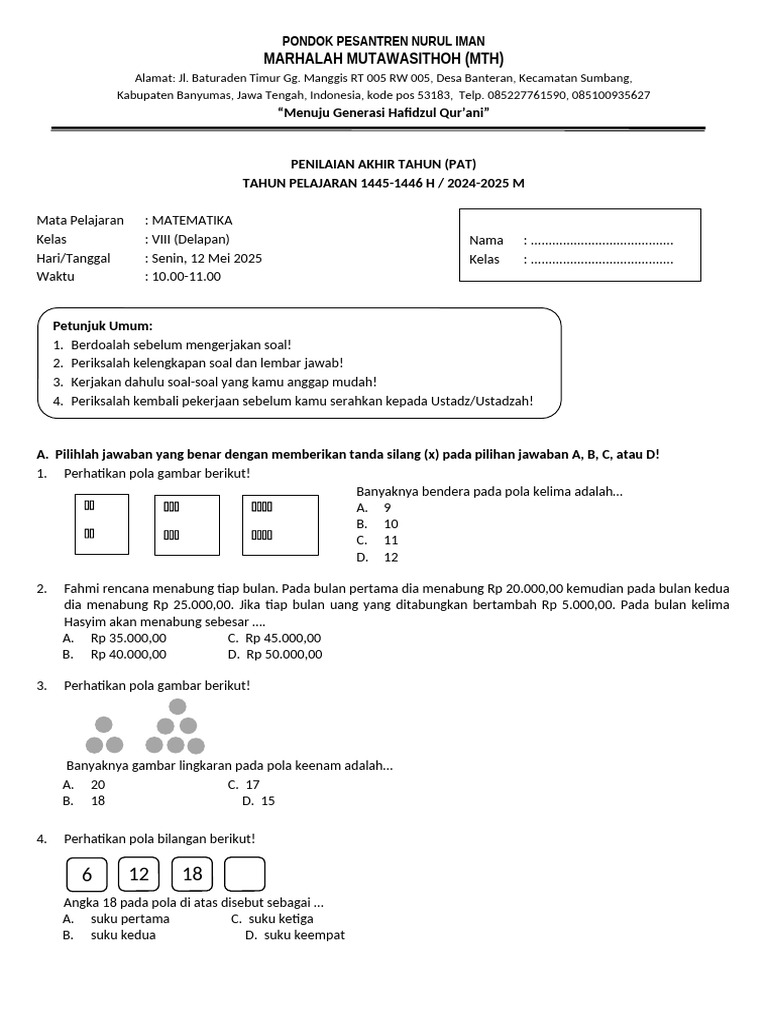 Soal Pat Mtk Kls 8 2025 | PDF