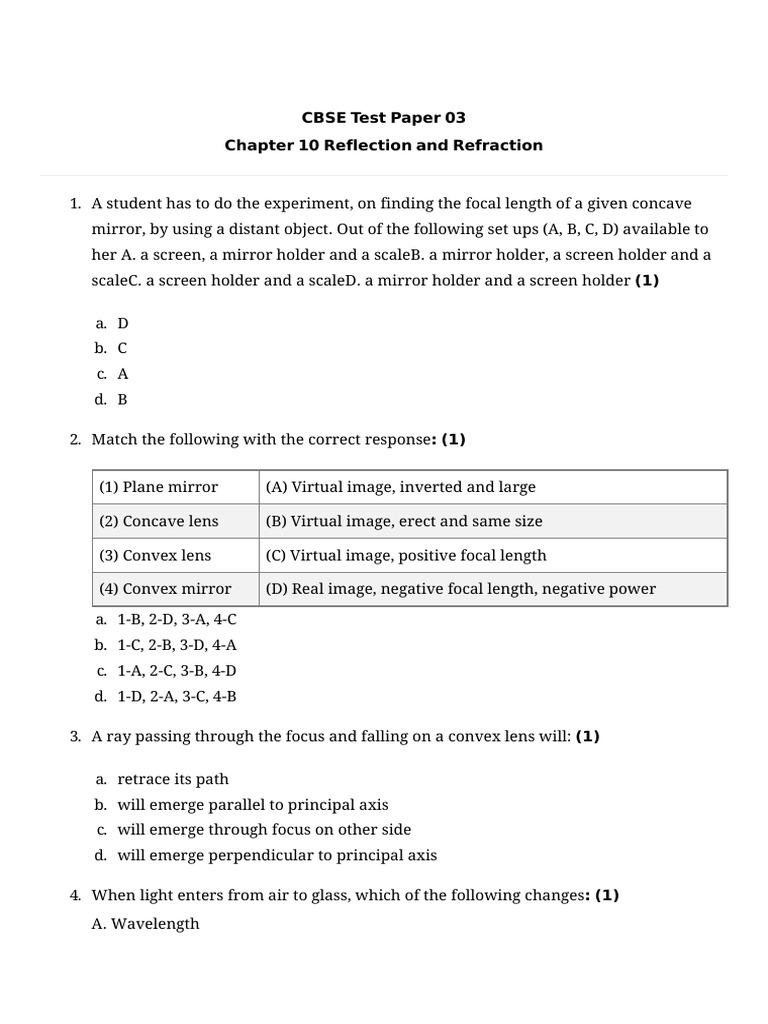 Chapter 10 Light Reflection and Refraction Test Paper 03 Removed | PDF ...