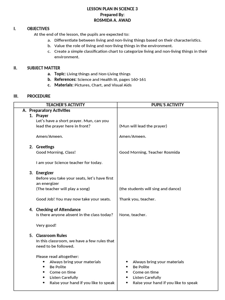Science Lesson Plan: Living vs Non-Living | PDF | Teachers | Learning