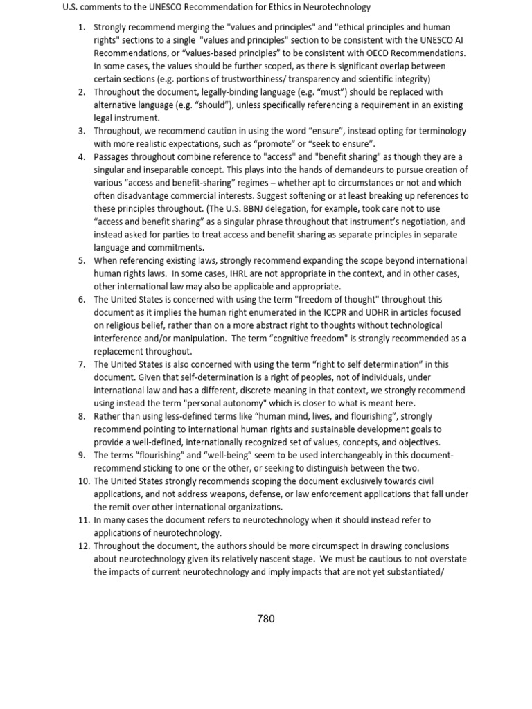 US Comments - UNESCO Draft Recommendatio Ethics of Neurotechnology ...