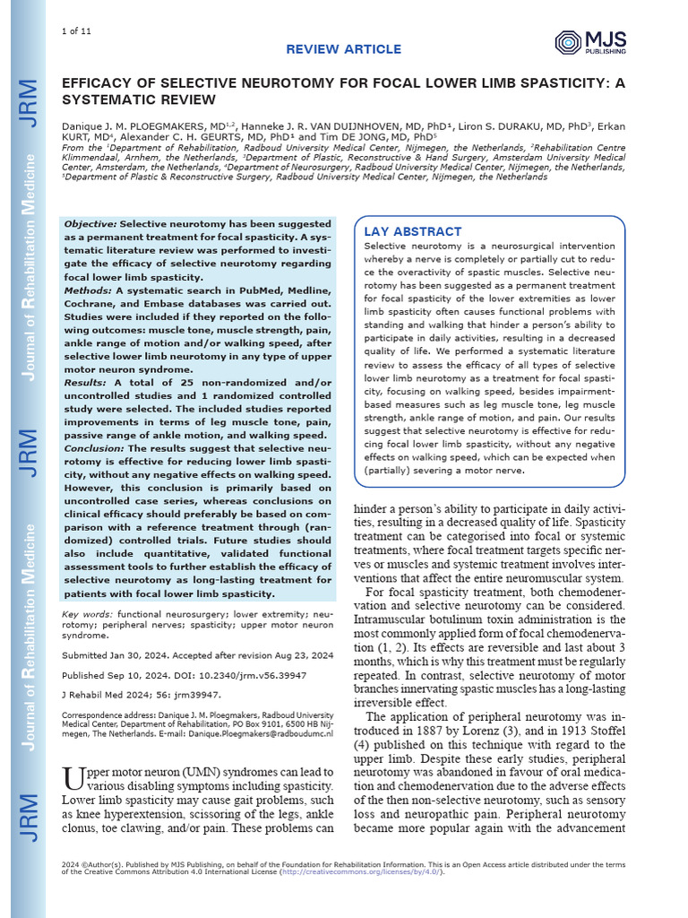 Efficacy of Selective Neurotomy For Focal Lower Limb Spasticity | PDF ...