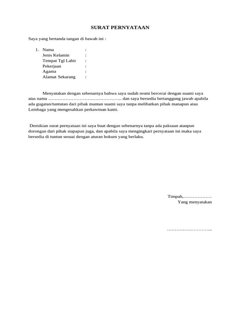 SURAT PERNYATAAN CERAI Wahyu Dan Suriani | PDF