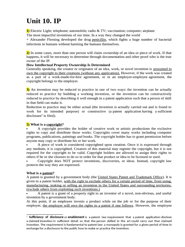 Unit 10 Intellectual Property | PDF | Patent | Intellectual Property