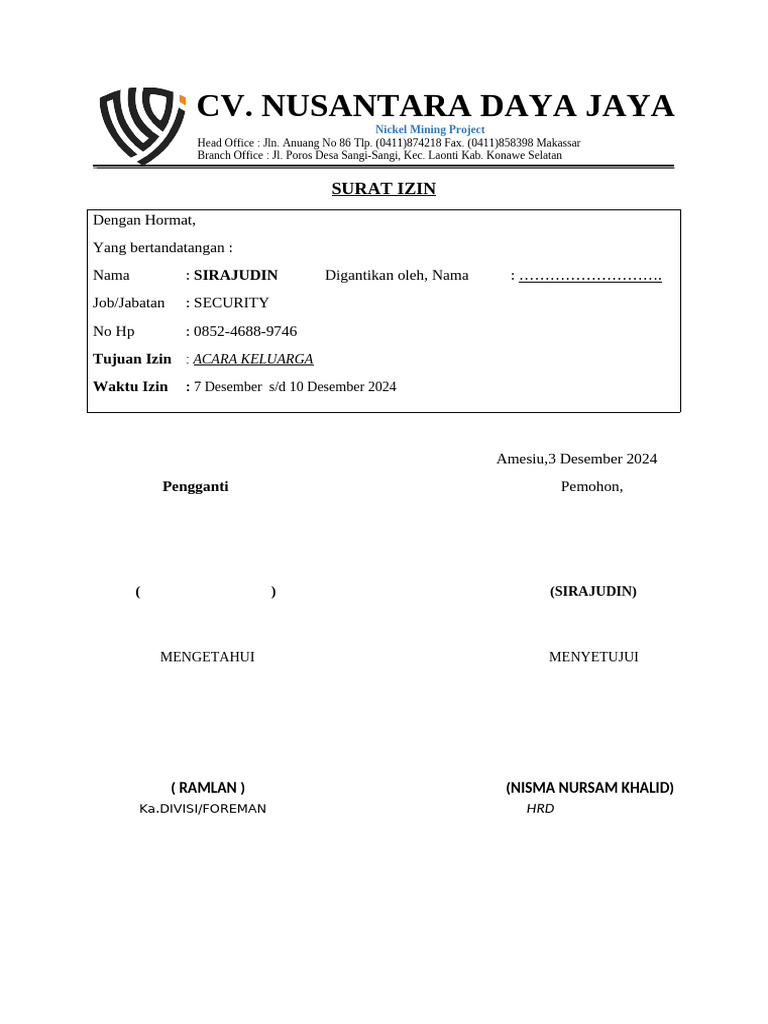 Form Izin Karyawan | PDF