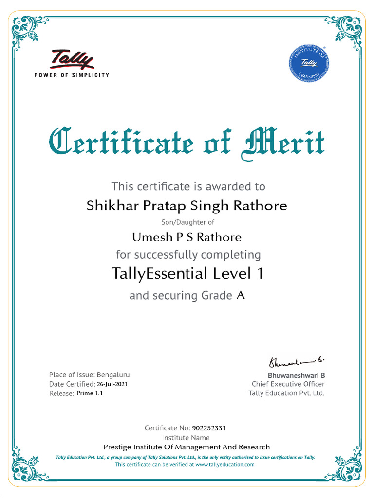 Talley Certificate | PDF