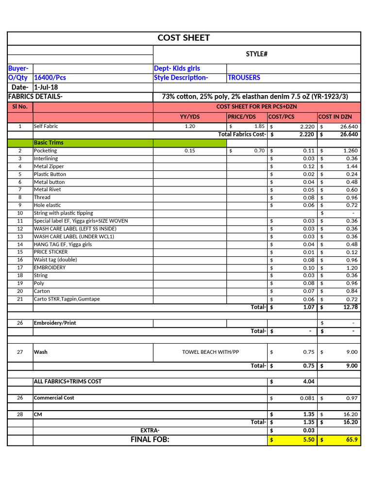 Garments Costing Sheet of Trouser | PDF | Textile Arts | Textiles