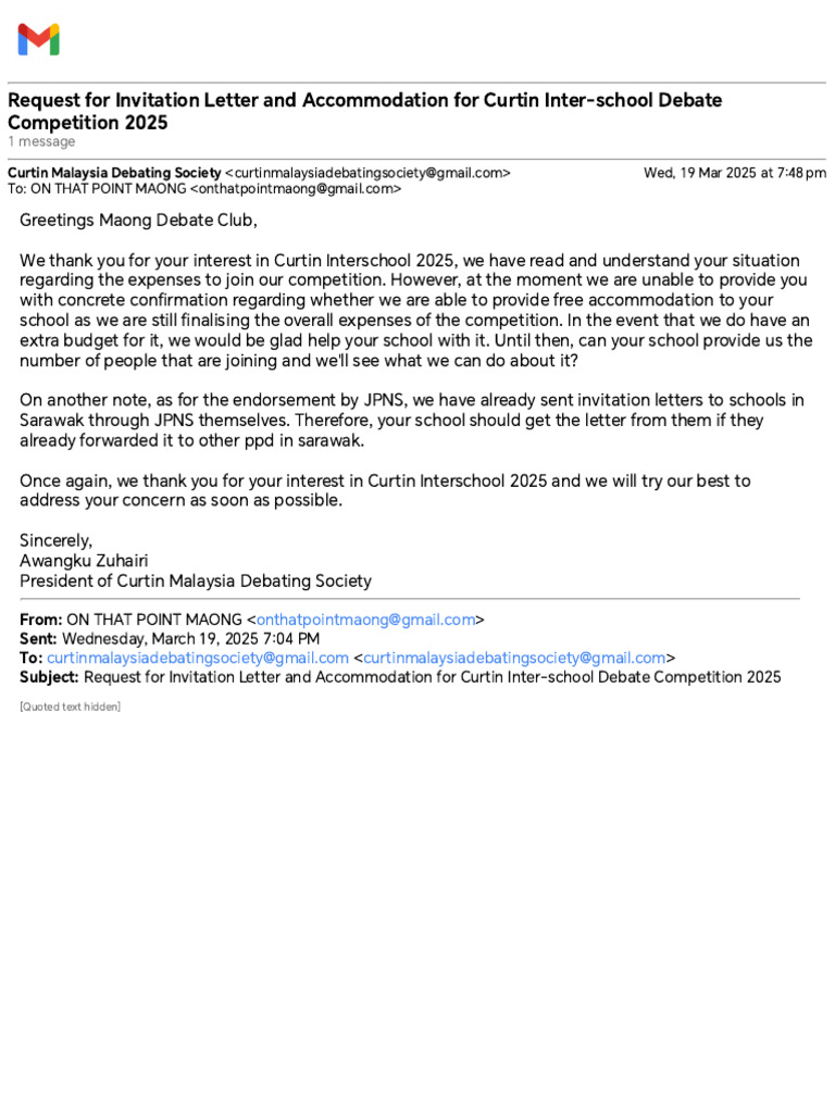 Gmail - Request For Invitation Letter and Accommodation For Curtin ...