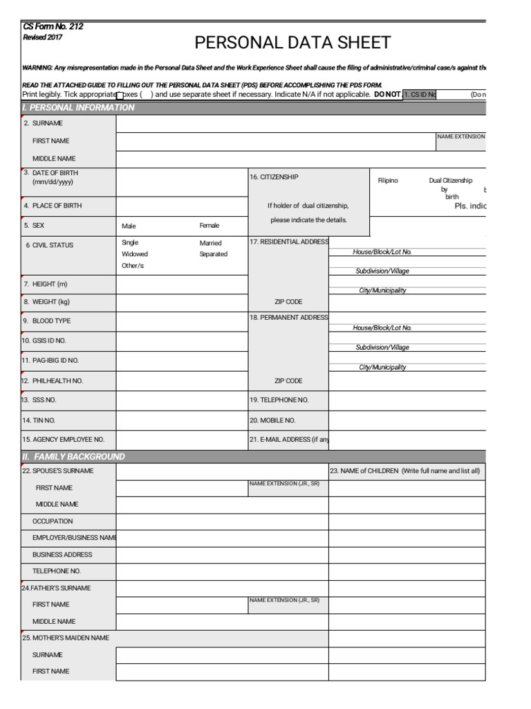 CS Form No. 212 Personal Data Sheet Revised | PDF | Government And Personhood | Government