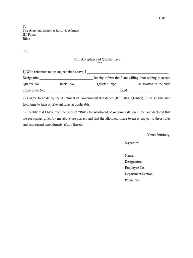 Quarters Acceptance Form | PDF