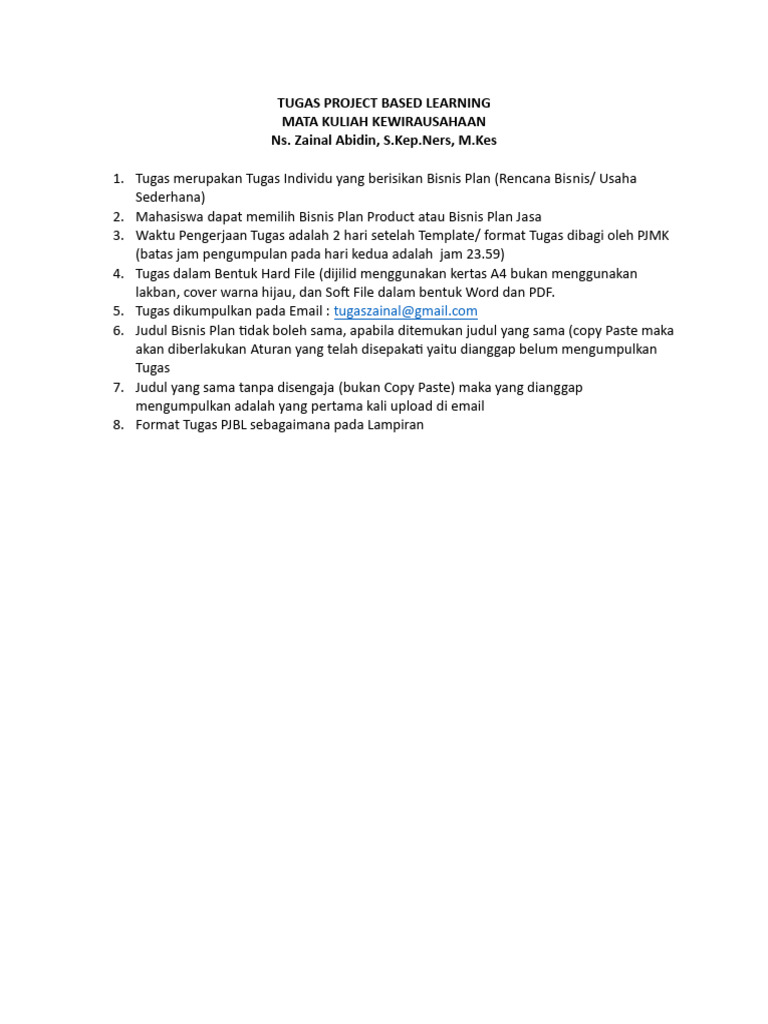 Tugas Project Based Learning Kewirausahaan 2024. | PDF