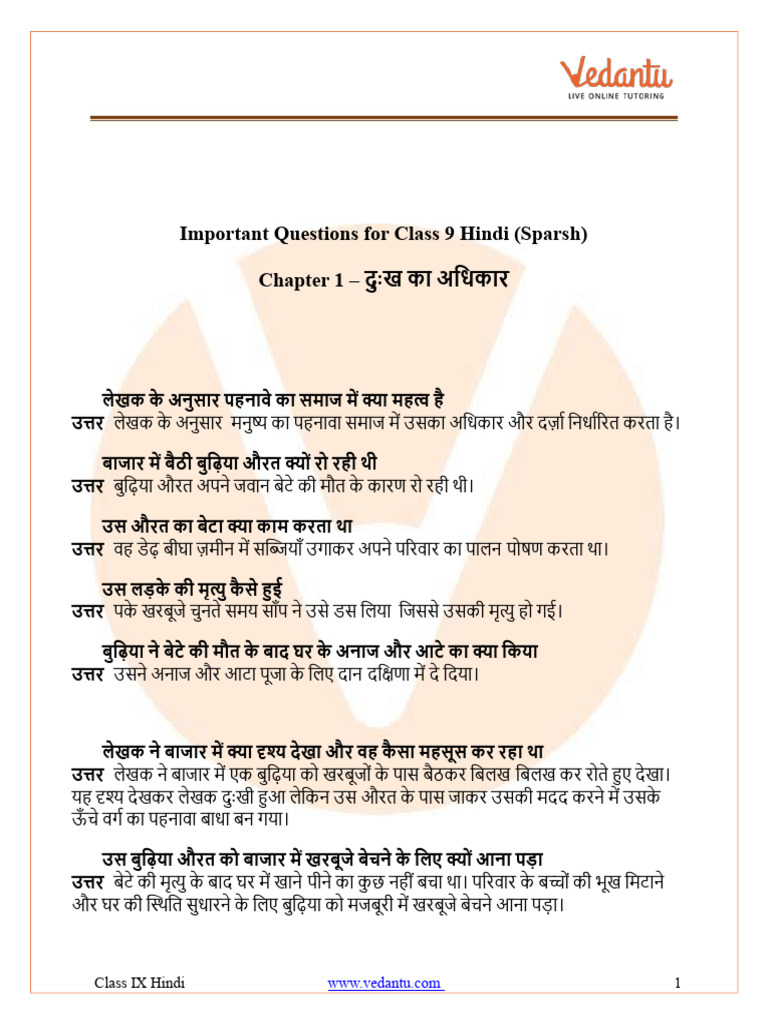 Class 9 Hindi Chapter 1 दुःख का अधिकार Important Questions PDF | PDF