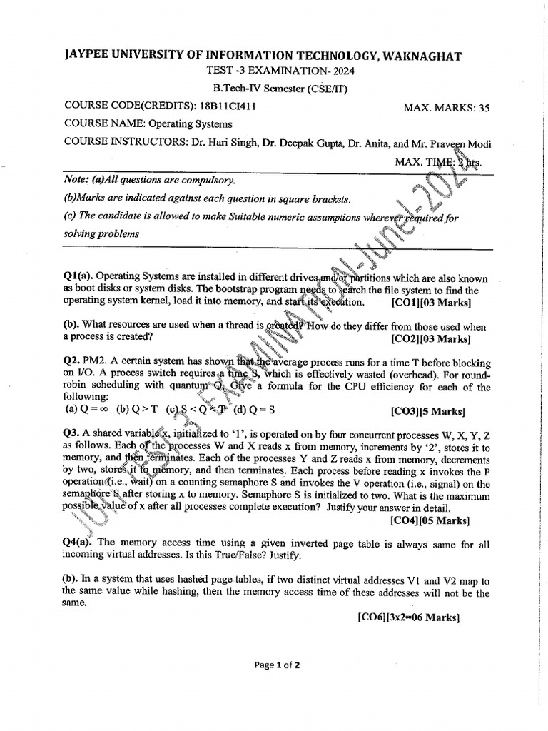 Operating Systems (18B11CI411) T-3 June, 2024 (Sem-4) CSE-IT | PDF