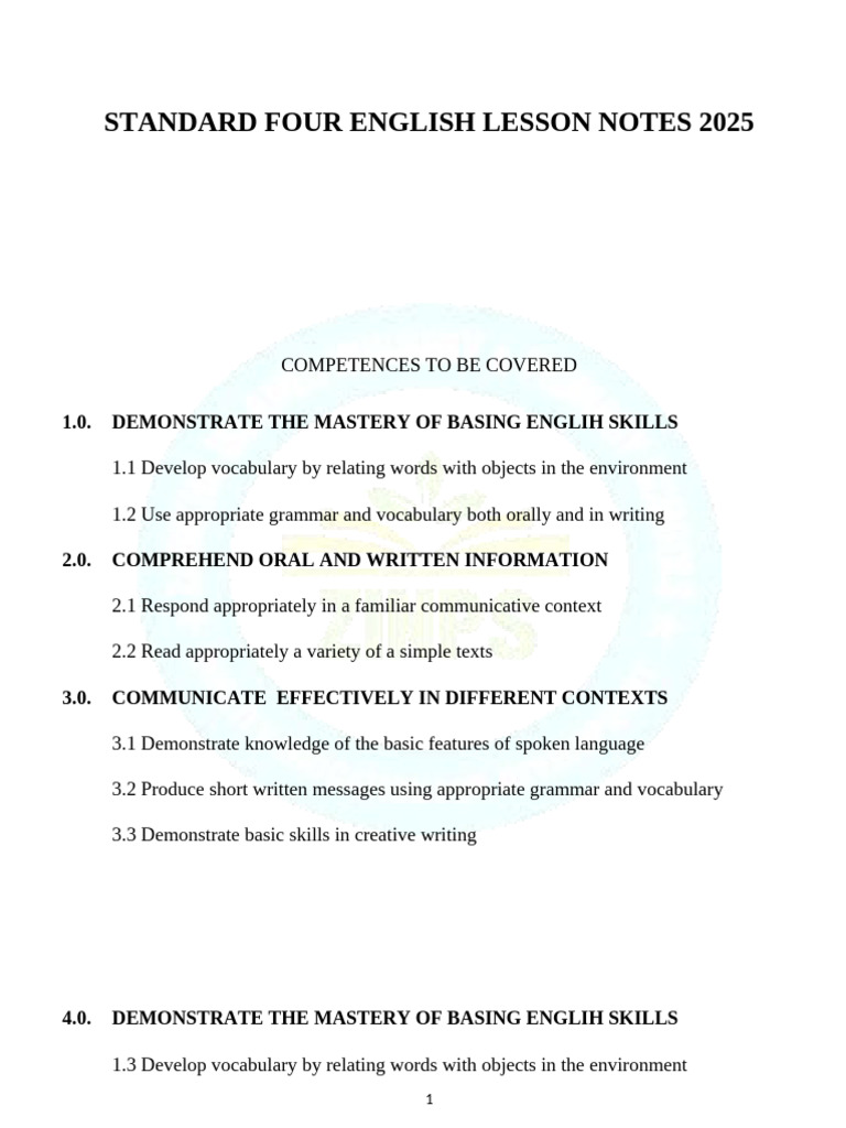 Standard 4 English Lesson Notes 2025 | PDF | Plural | Noun