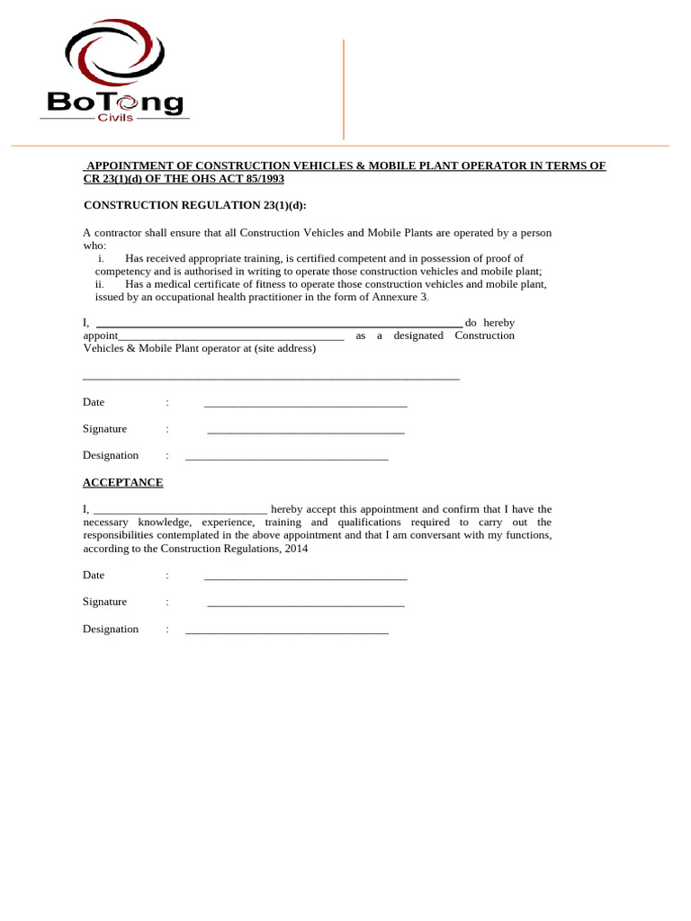 Mobile Plant Operator Appointment Letter | PDF