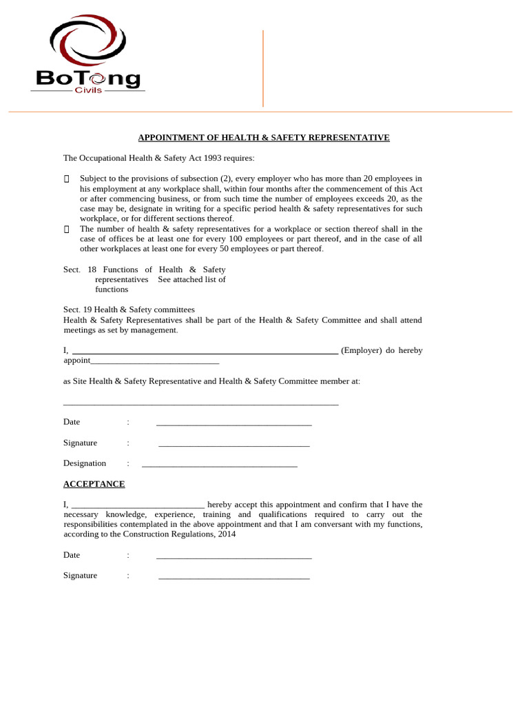 Health & Safety Rep Appointment Letter | PDF