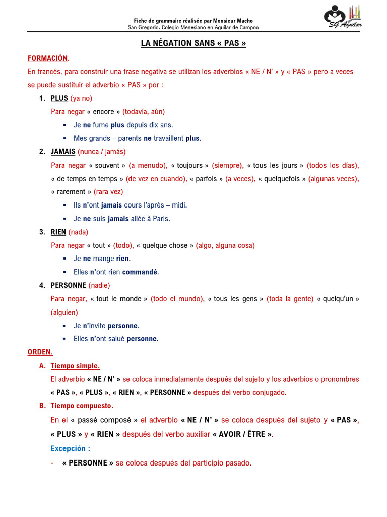 4º Eso Négation Sans Pas | PDF