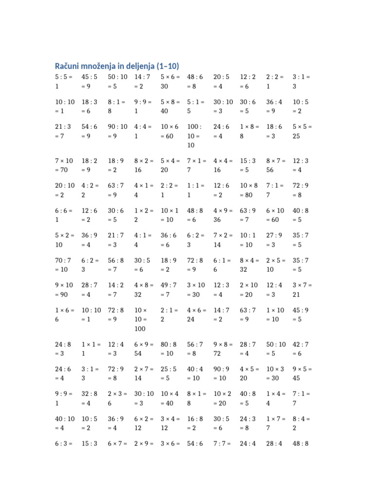Razpredelnica Mnozenje Deljenje Ponovno | PDF