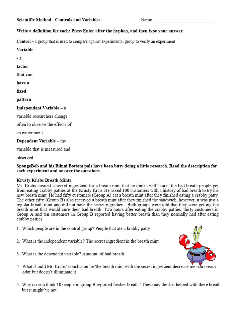 Scientific Method & Variables With Spongebob SE-3 2 | PDF