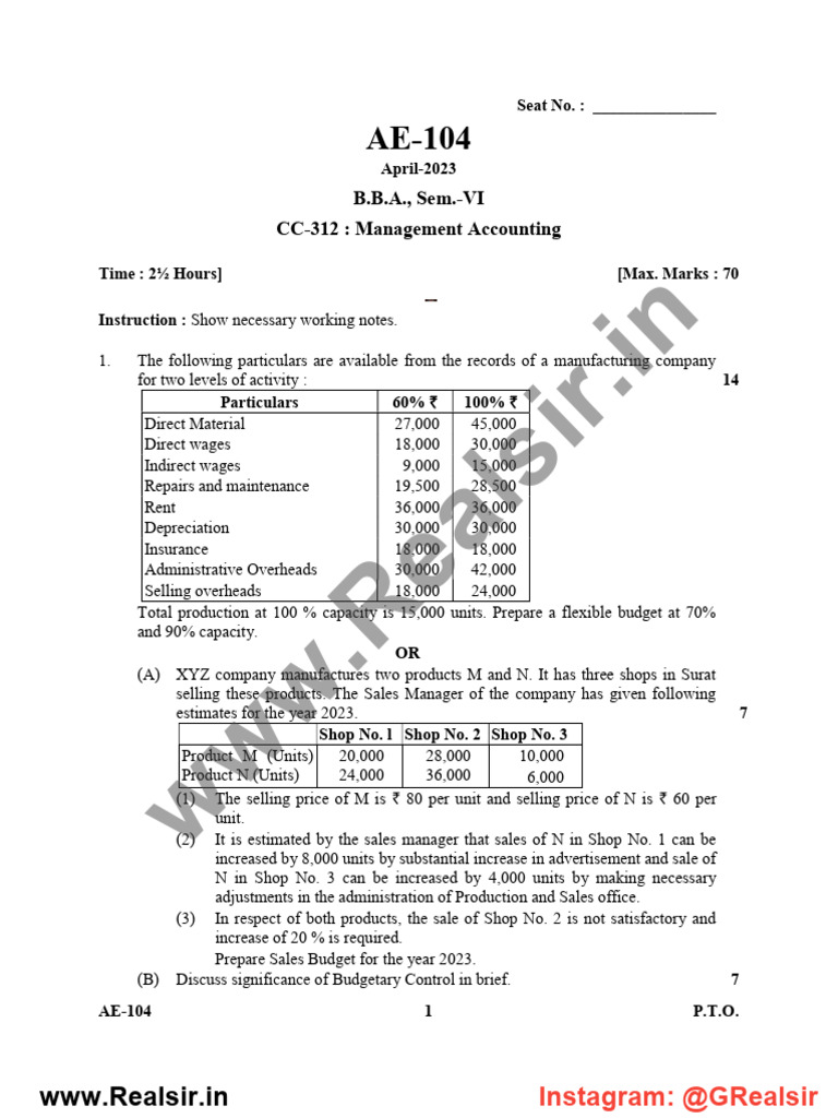 Management Accounting Exam Paper 2023 | PDF | Economies | Business ...