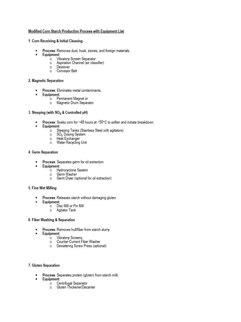 Modified Corn Starch Production Process With Equipment List | PDF ...