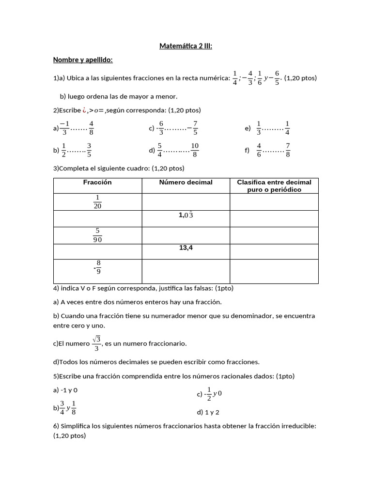 Matemática 2 III (PRUEBA FRACCIONES 1 PARTE) | PDF | Decimal | Lexicología