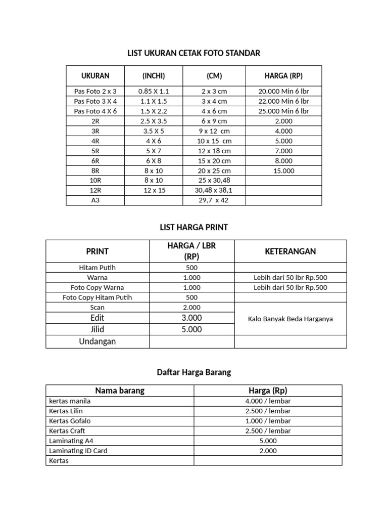 Ukuran Cetak Foto Standar | PDF