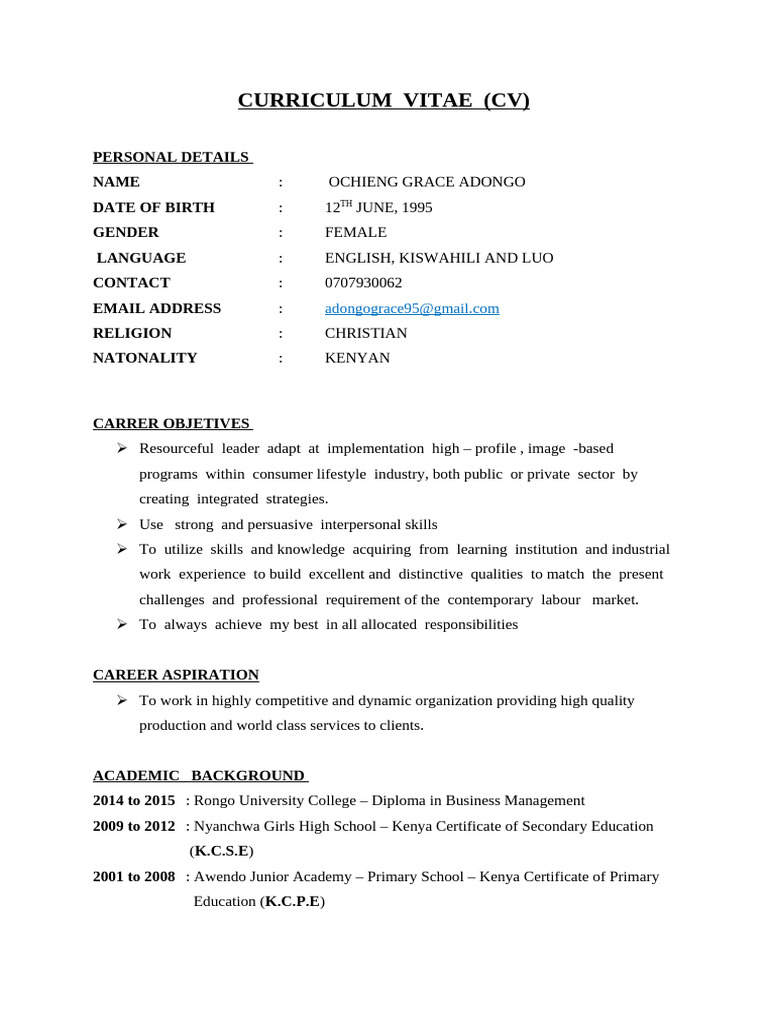 Curriculum Vitae Grace Adongo | PDF