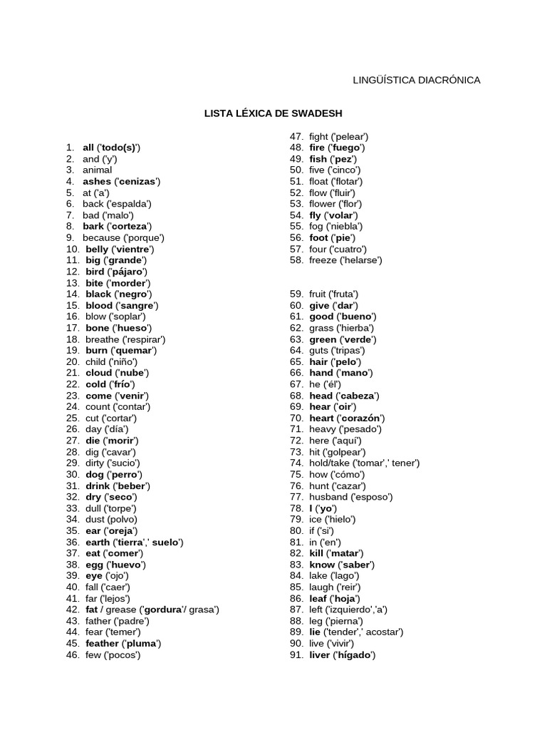 Lista léxica de Swadesh | PDF