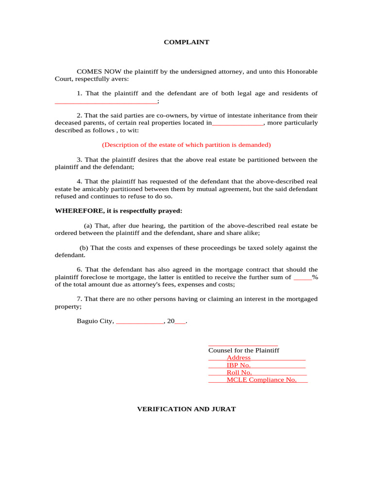 Complaint for Judicial Partition | PDF