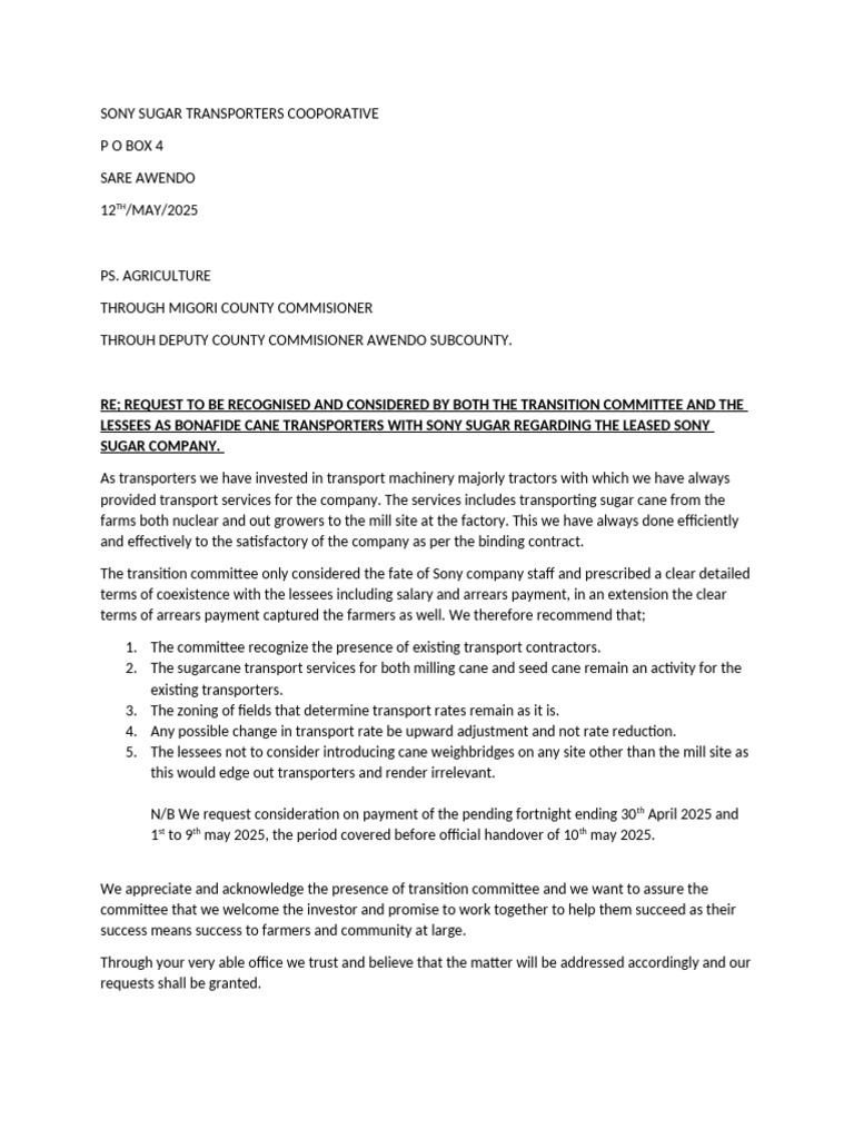 Sony Sugar Transporters' Recognition Request | PDF | Food Industry ...